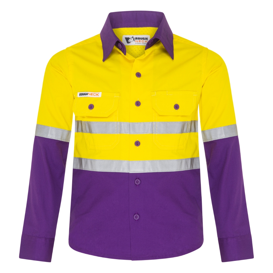 Captain Mini - Taped Kids Hi Vis Work Shirt - Purple/Yellow - Site Ware ...