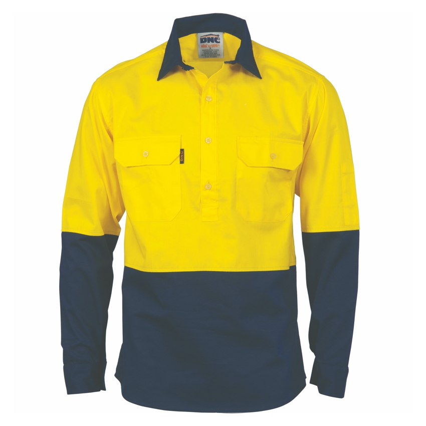 Long Sleeved Closed Front Cotton Drill Shirt - Yellow/Navy - Site Ware ...